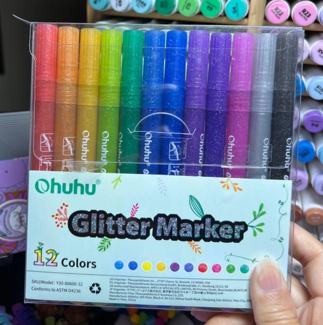 12 Color Glitter Markers Pens, Metallic Shimmer Sparkle Ink, Fine Point ...