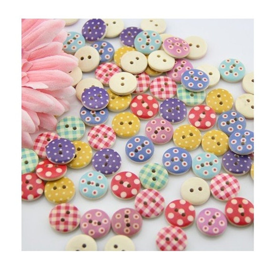 100 Cute Buttons, Wooden Painted Two Hole Buttons With Cute Patterns, 5 ...