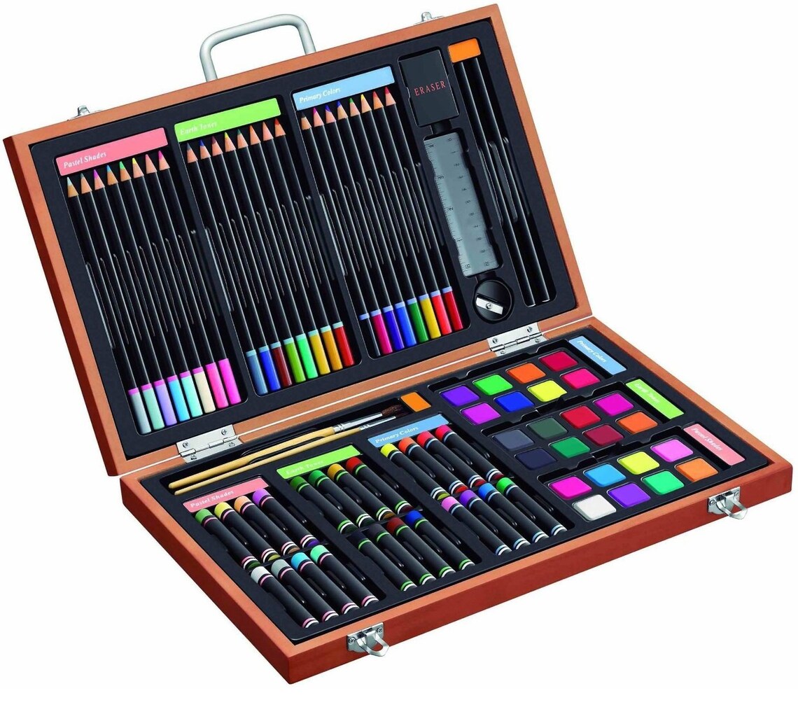 Art Set 82 Piece Wooden Case Color Pencils Oil Pastels - Etsy