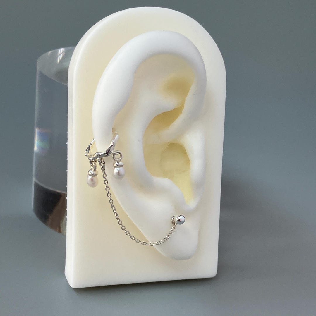 18G Pearl Helix Hoop Chained Earring Set Dainty Stacking Chain ...