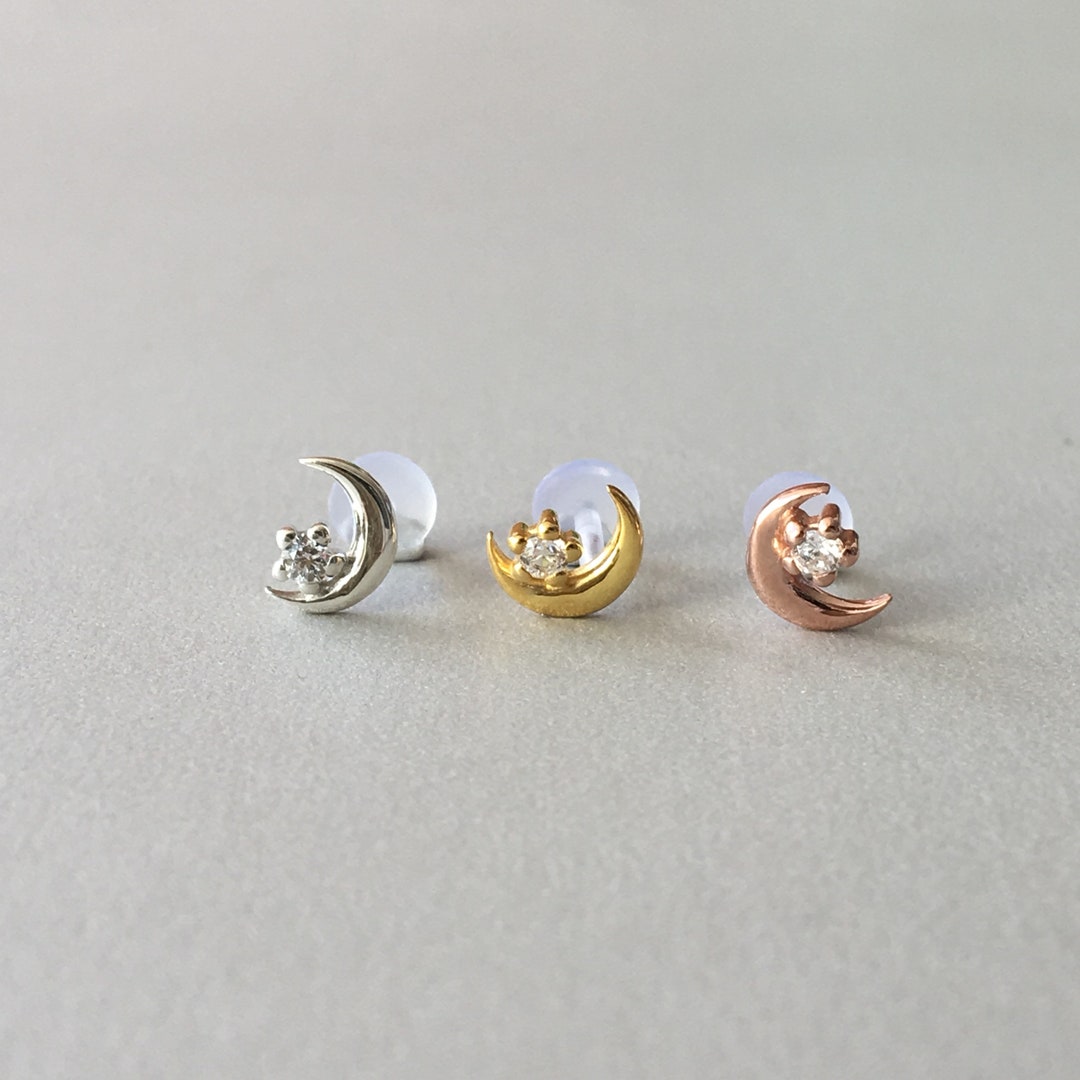 Crescent Moon With CZ Diamond Tragus Earring Flat Back Cartilage ...
