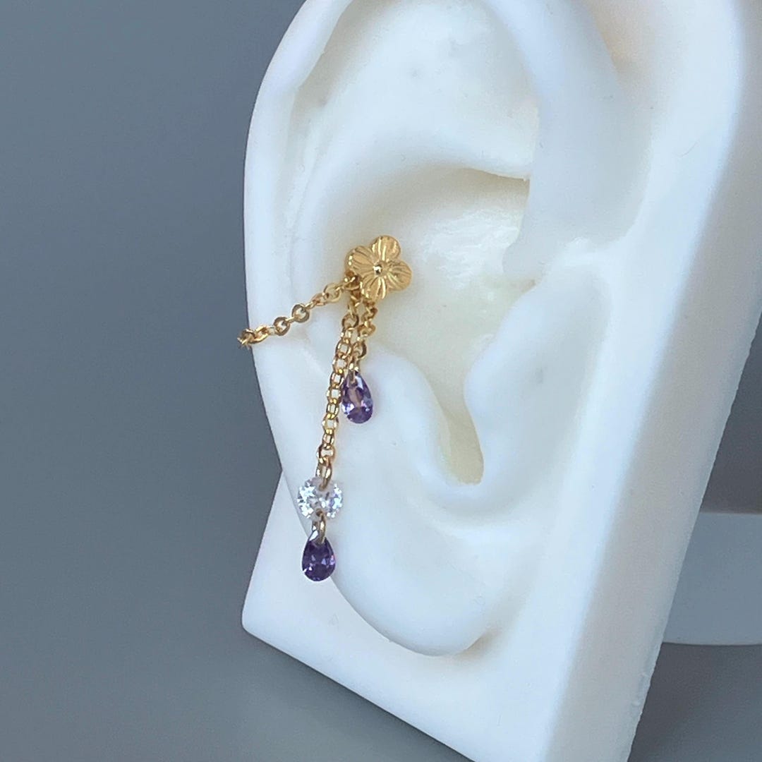 16G Gold Flower Helix Stud Chain Earring Attachment Conch Chained ...