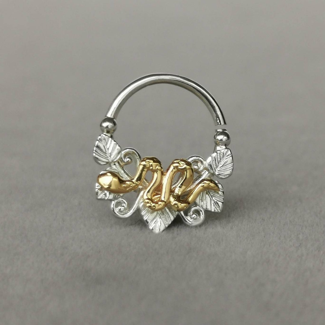 Tiny Snake on Leaves Daith Piercing Septum Ring Piercing Sterling ...