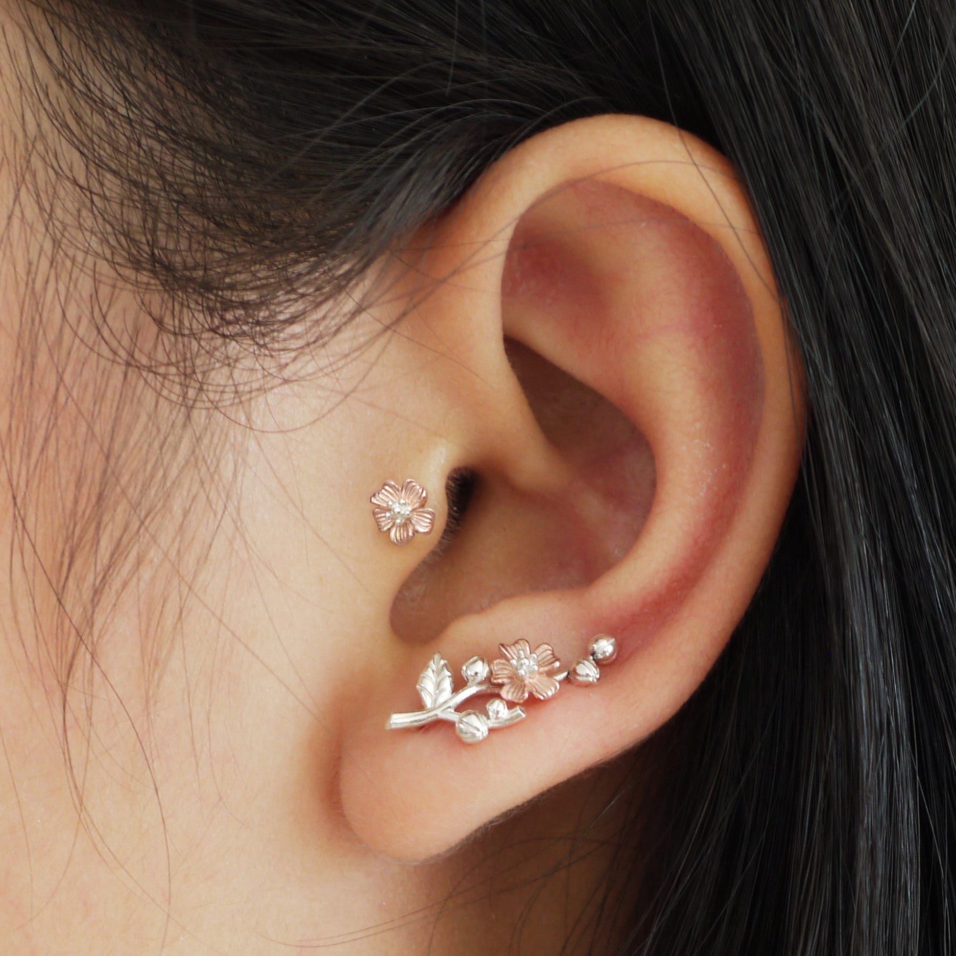 Silver Cherry Blossom Twig Ear Climber Earrings Flower Ear | Etsy