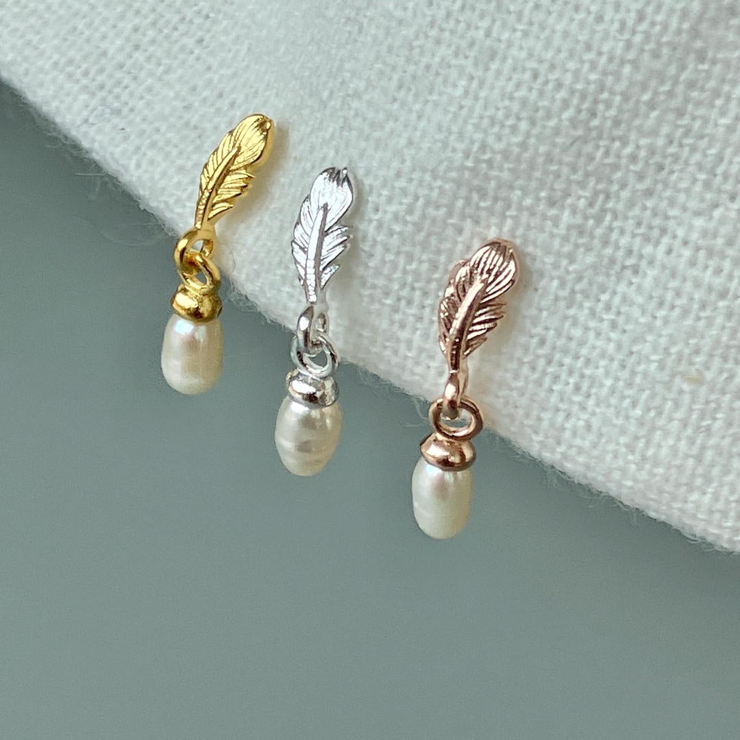 16g Feather With Dangle Pearl Helix Earring Pearl Cartilage Stud ...