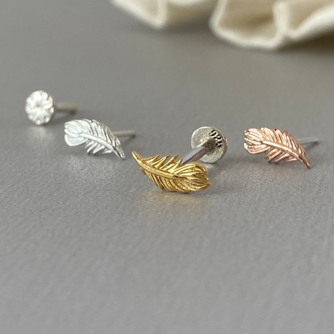 16G 18G Dainty Feather Helix Earring Silver Tragus Stud Small Cartilage ...