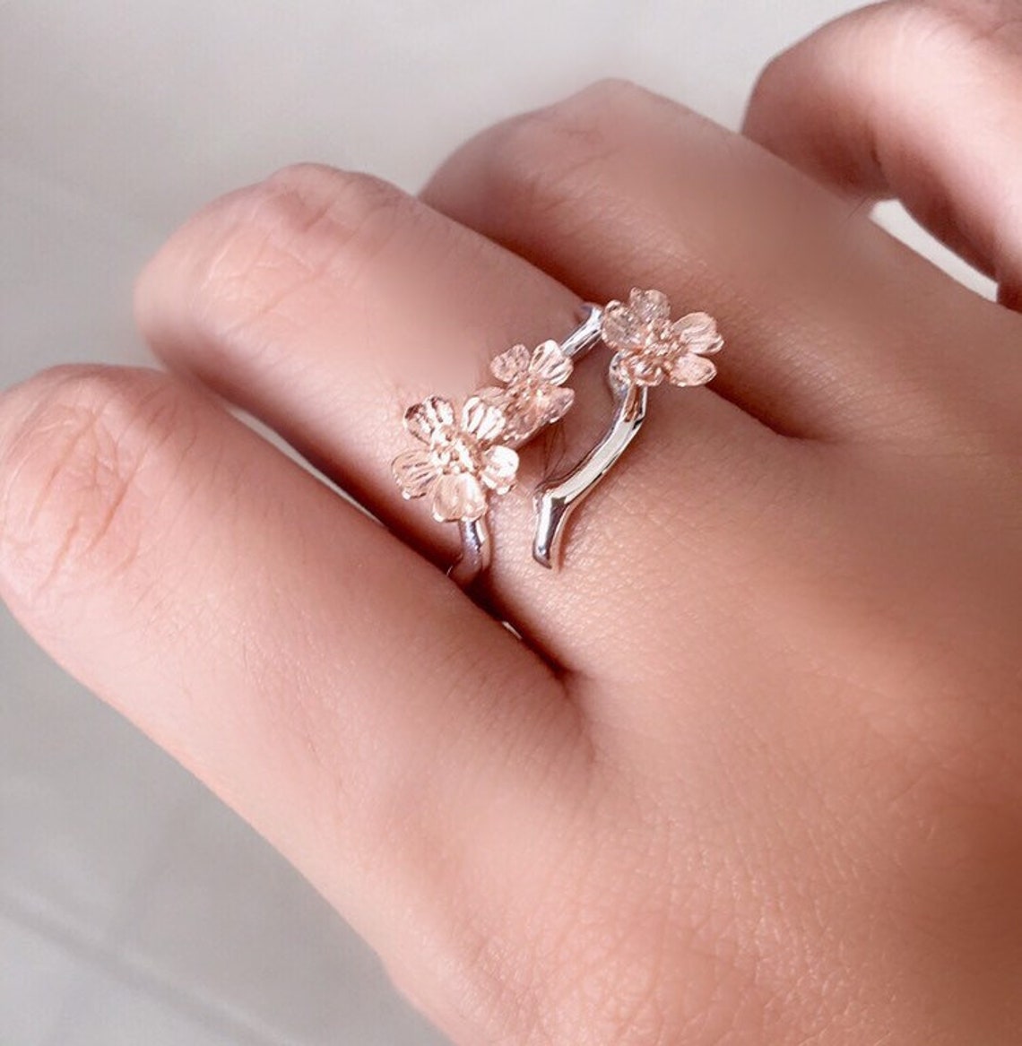 Rose Gold Sakura Blossoms on Silver Twig Ring Sakura Ring | Etsy