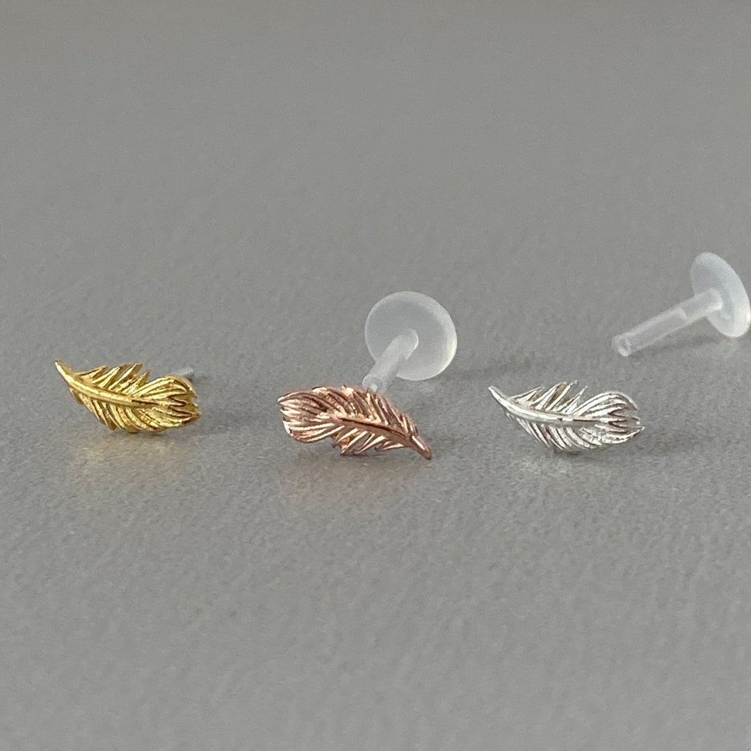 16G Dainty Feather Tragus Stud Silver Helix Earring Minimal Cartilage ...