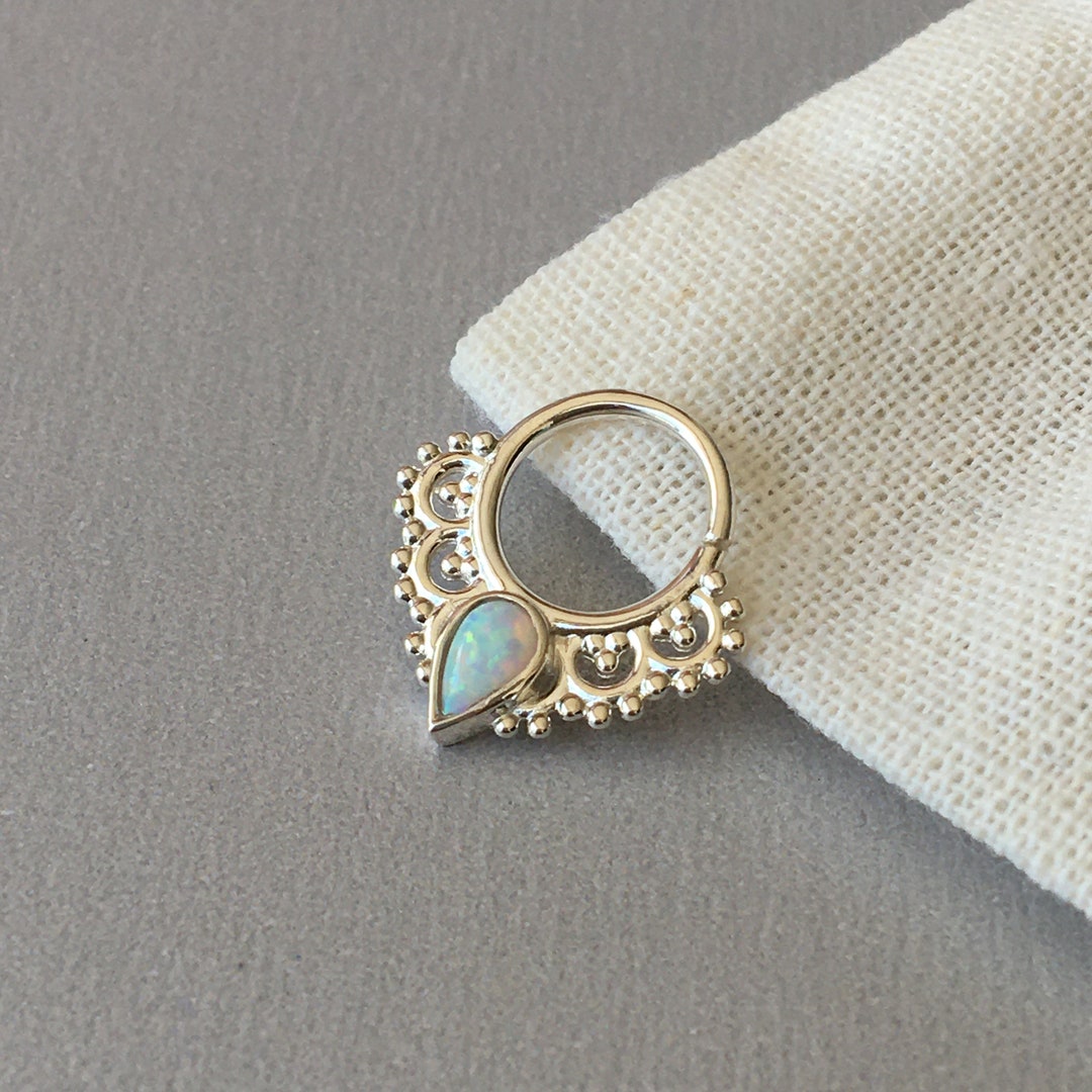 Teardrop Opal Tribal Daith Hoop Earring16 Gauge Silver Septum Ring ...