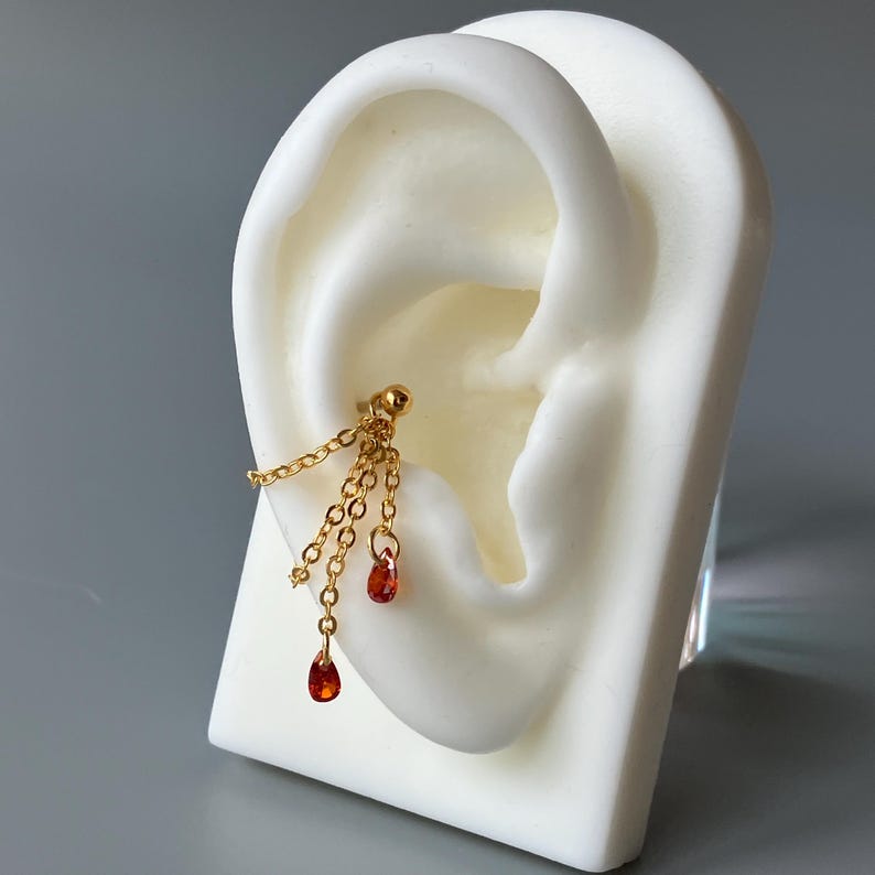 16G Double Chain Attachment Conch Stud Gold Chained Piercing Linking ...
