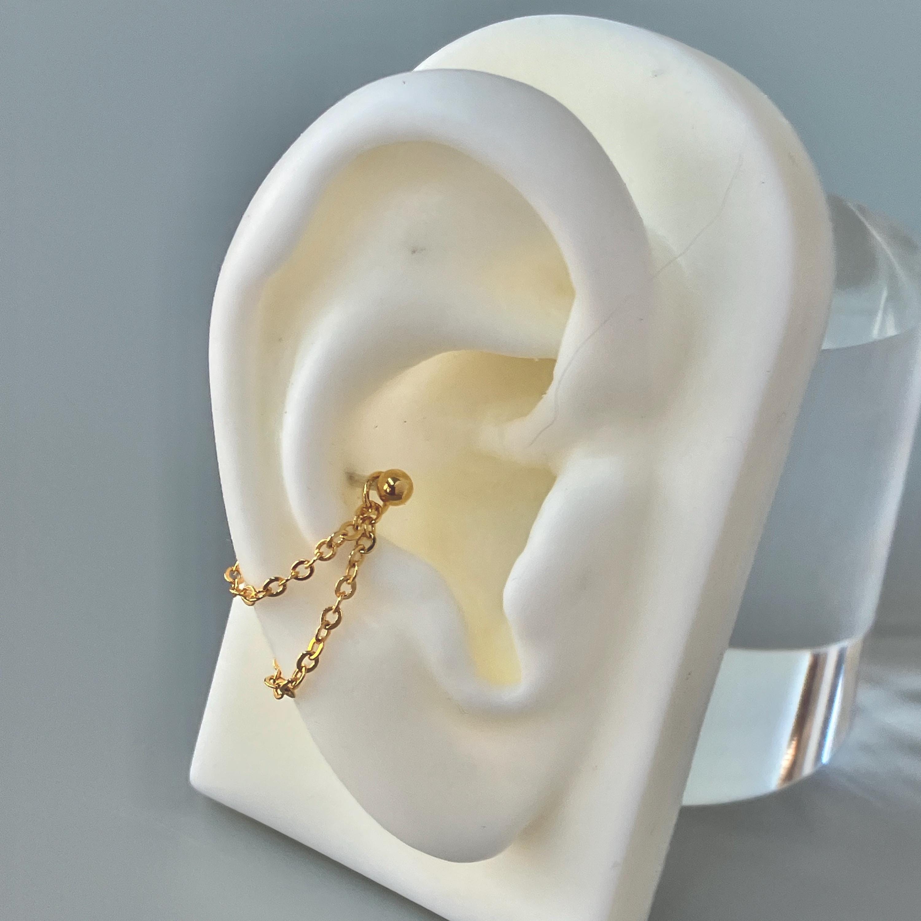 16G Double Chain Attachment Conch Stud Gold Chained Piercing Linking ...
