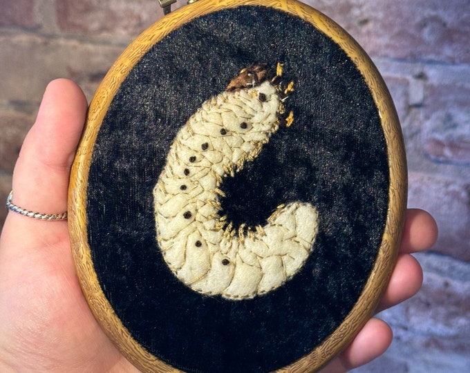 Hercules Beetle Larva Insect Embroidery on Crushed Velvet Insect Framed ...