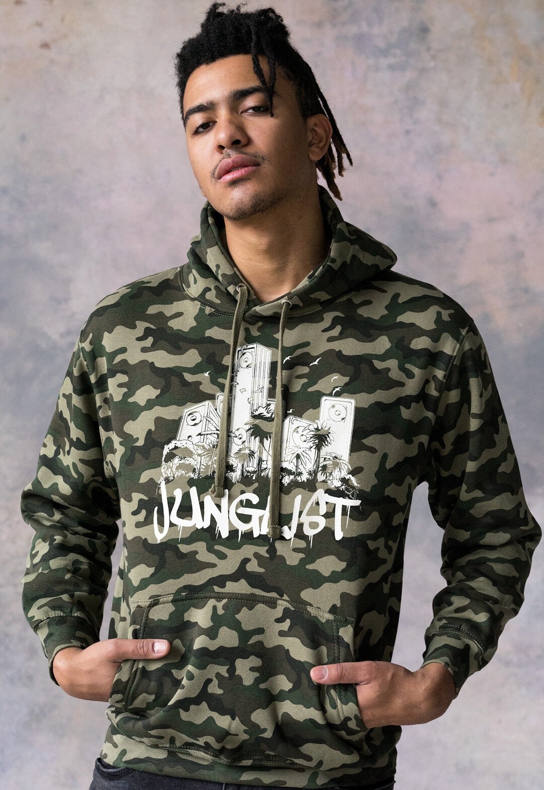 Junglist Sound System Camo Hoodie - Drum and Bass Rhythm Machine Synth ...