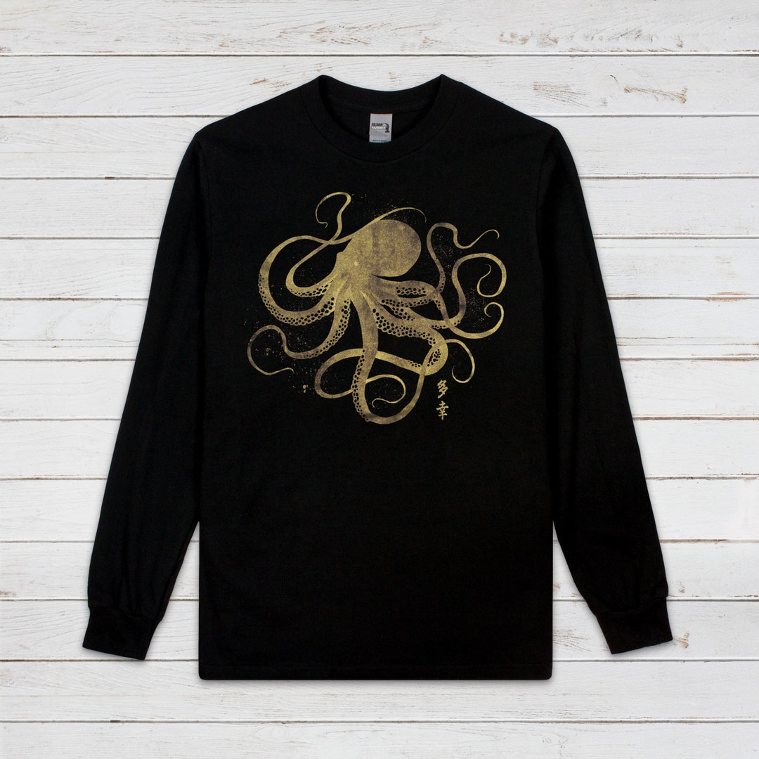 Octopus Gold Print Long Sleeve T-shirt, Japanese Art - Etsy UK