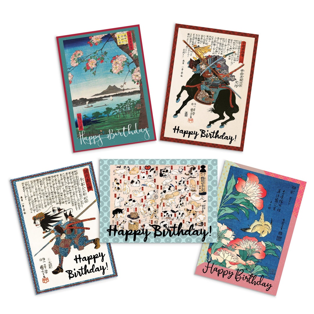Happy Birthday Japanese Ukiyo-e Art Greeting Cards Card Set of 5 Bundle ...