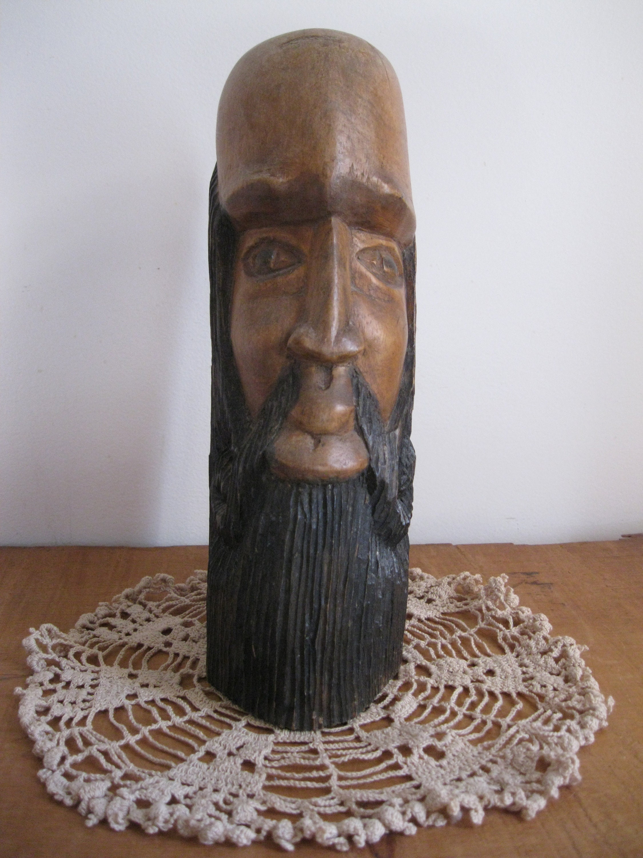 Vintage Jamaican Wooden Man Carving-bald Head,long Beard,split ...