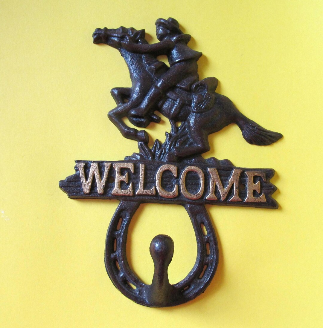 Vintage Cast Iron Welcome Sign With Hook Horseback Rider Rodeo Ranch ...