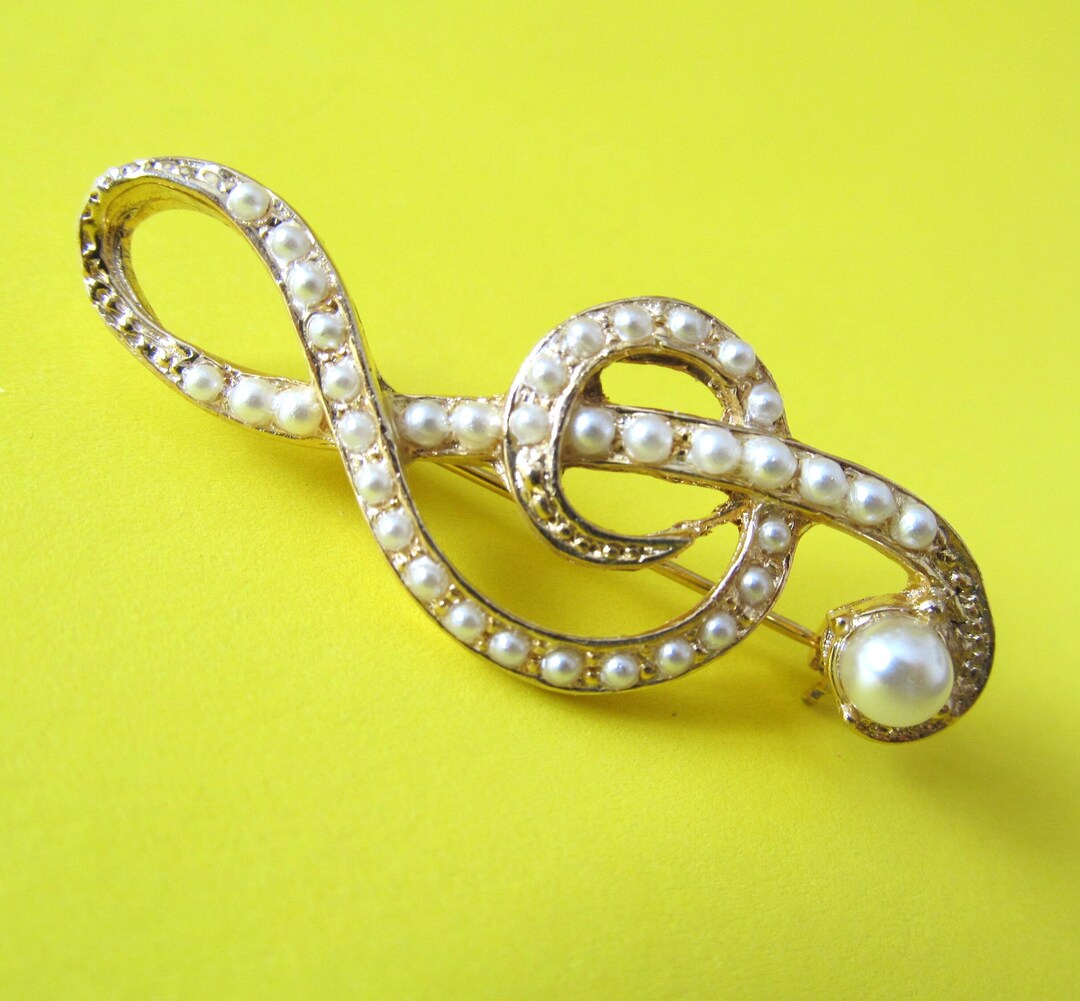 Vintage Treble Clef Brooch Gold Tone Faux Pearls Music Jewelry Symphony ...