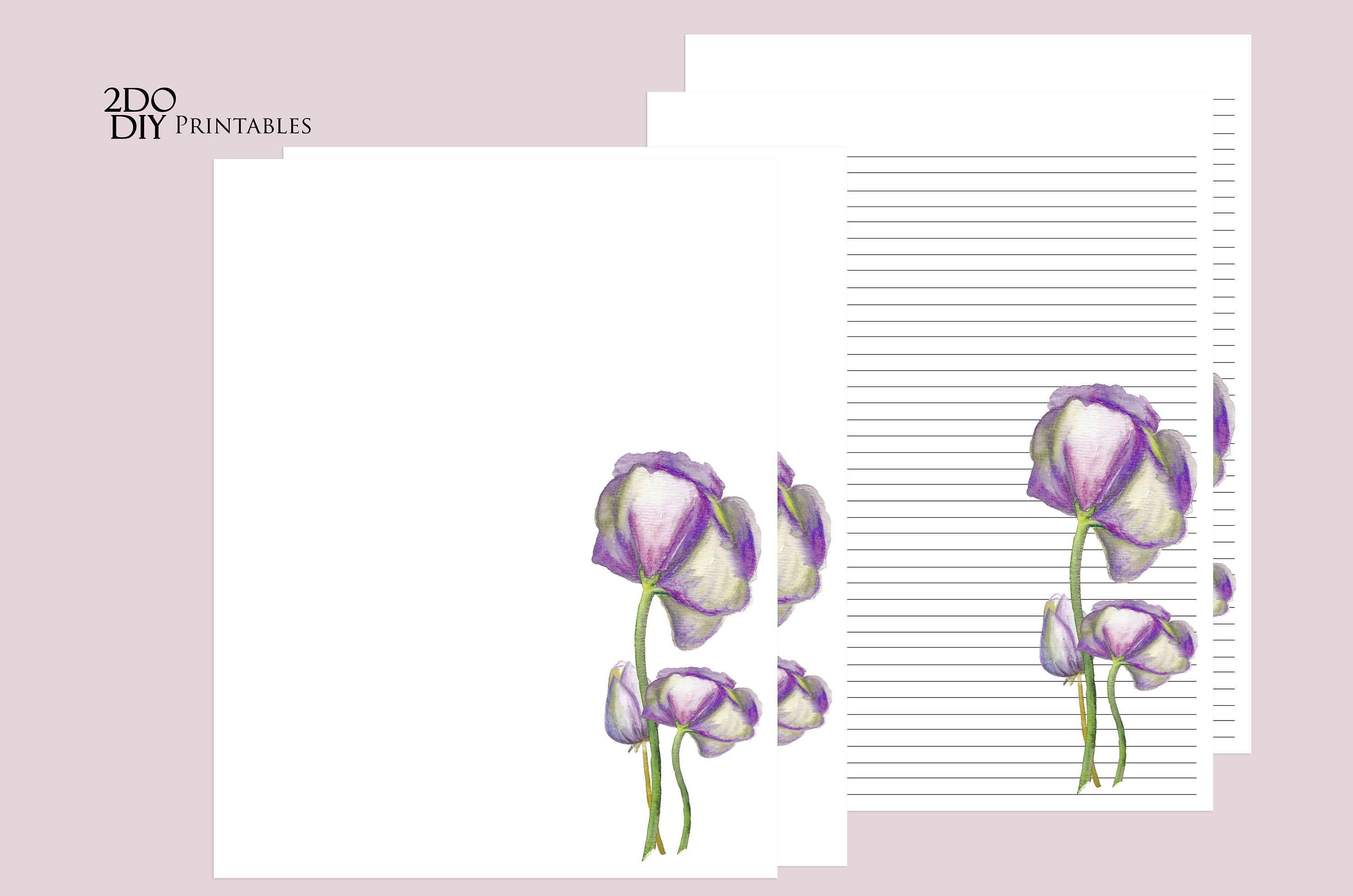 Purple Tulips Printable Stationery Paper 8.5x11 A4 Unlined Lined ...