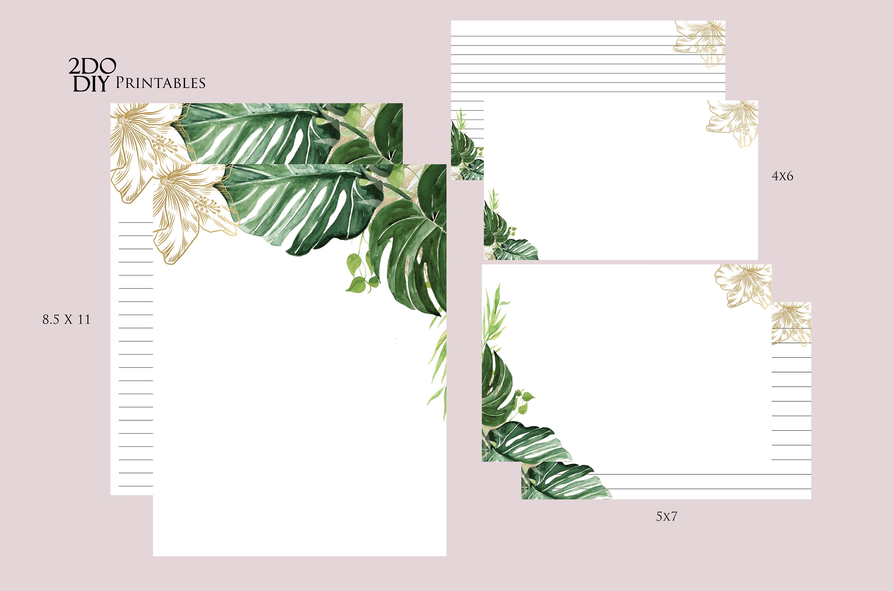 Tropical Stationery Set Printable Writing Paper 8.5x11 7x5 Palm Leaves ...