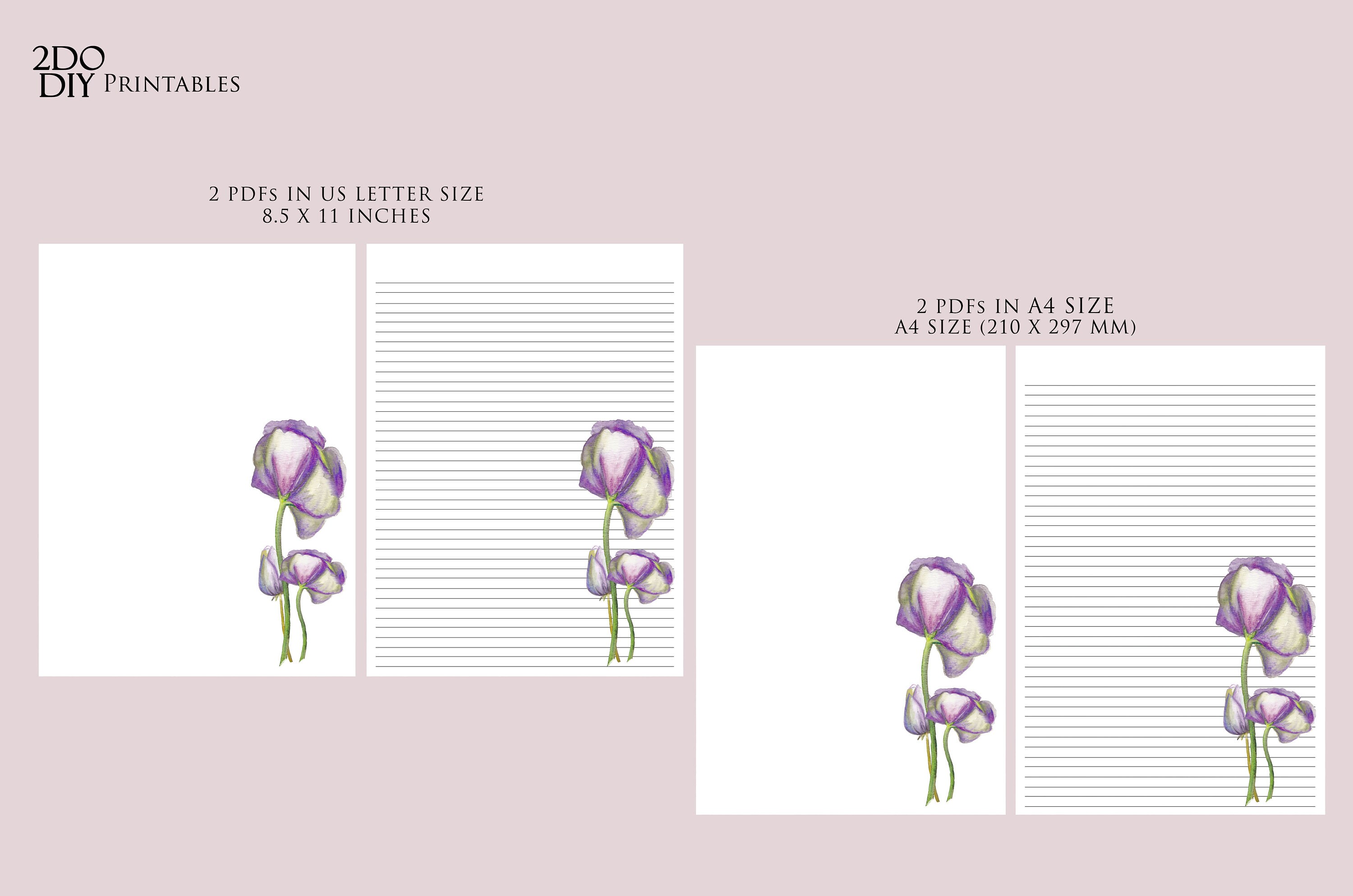 Purple Tulips Printable Stationery Paper 8.5x11 A4 Unlined Lined ...