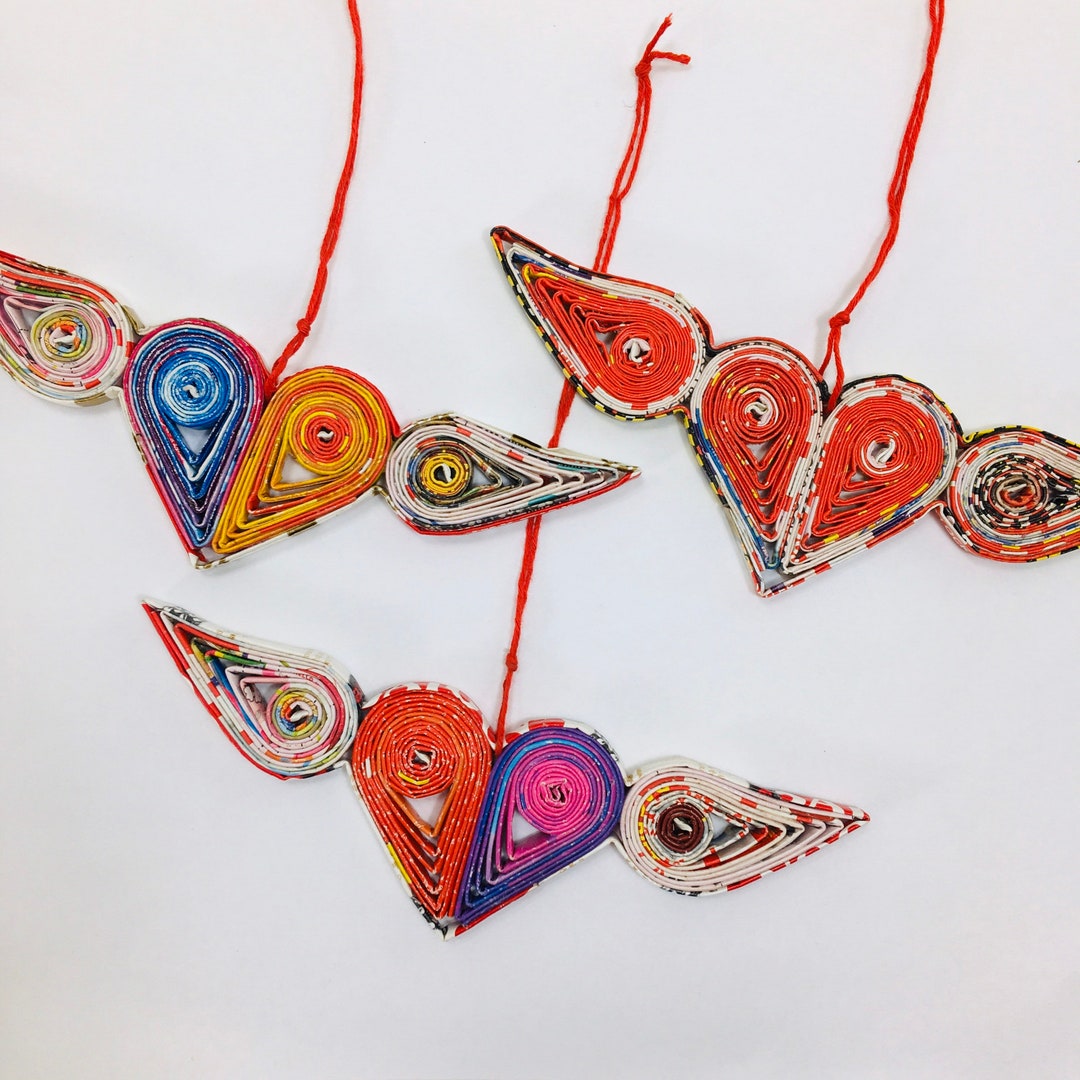 Eco-art Heart W/ Angel Wings, Handmade Quilled Christmas Ornament ...