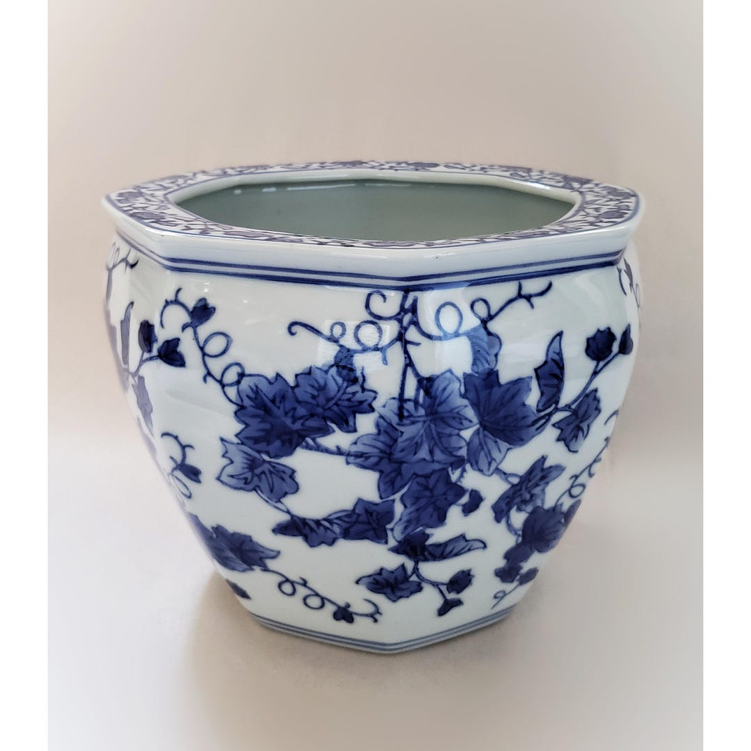 Vintage Cachepot, Hand Painted Blue and White Porcelain Chinoiserie ...