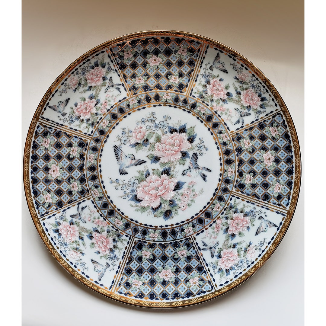 Vintage Porcelain Display Plate With Pink Peony Flowers and Birds, Gold ...