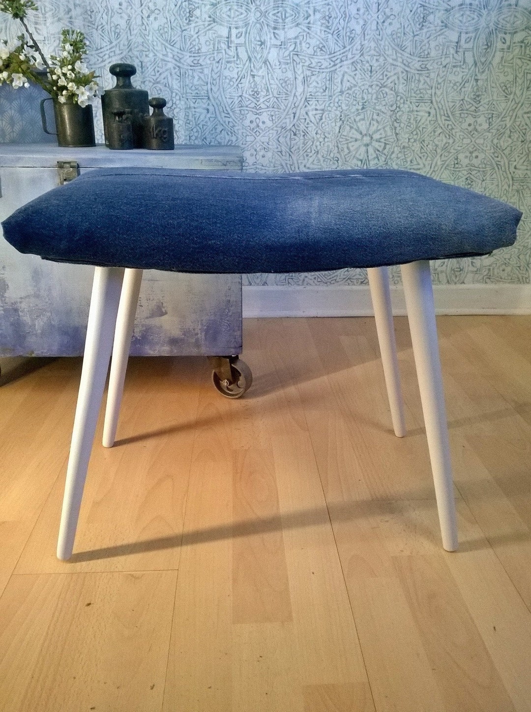 Upholstered Denim Stool, Vintage Seat *personal Hero* Shabby Chic ...