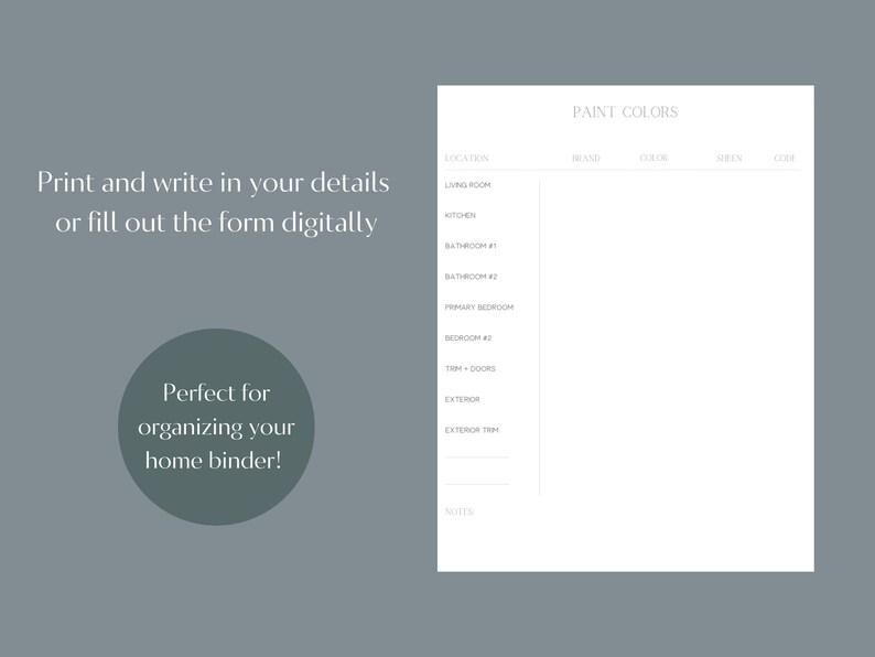 Home Paint Color Tracker PDF Instant Download; Track Interior and ...