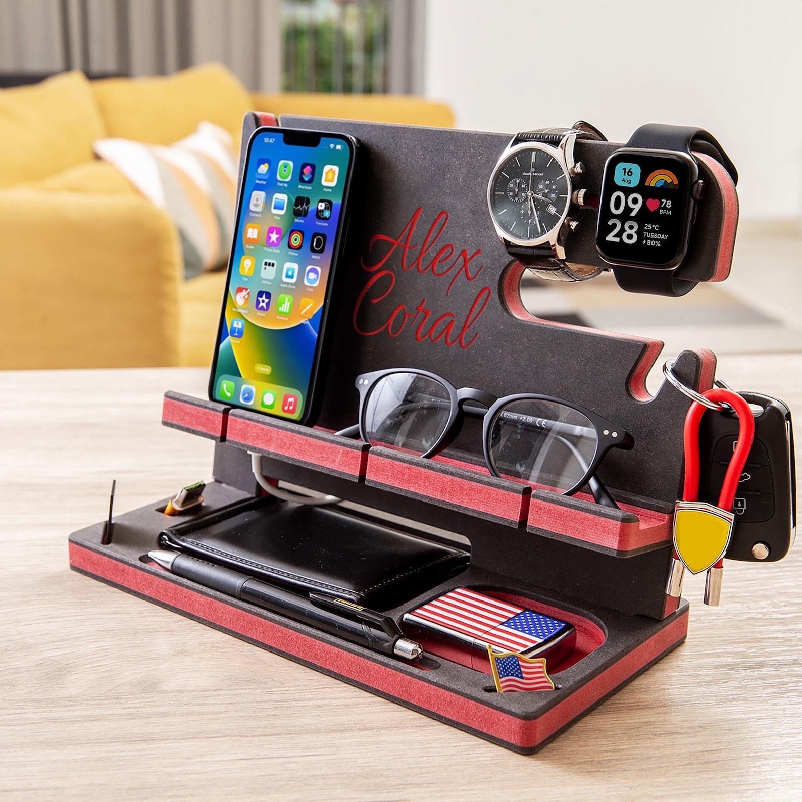 Personalized Desk Organizer, Wood Personalized Docking Station for Cell ...