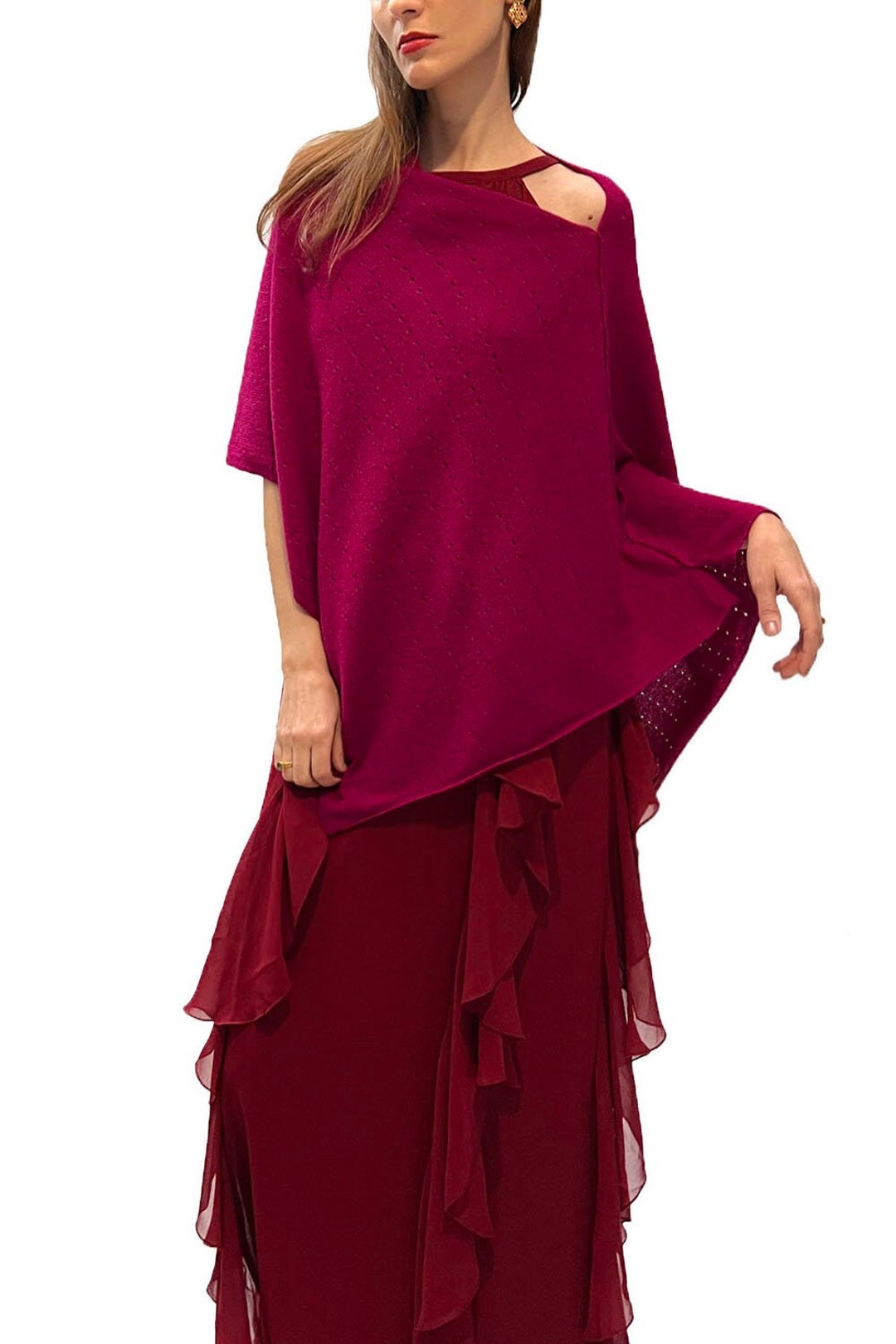 100% Pure Cashmere Poncho CHERRY PINK Crochet Cape Wrap One Size ...