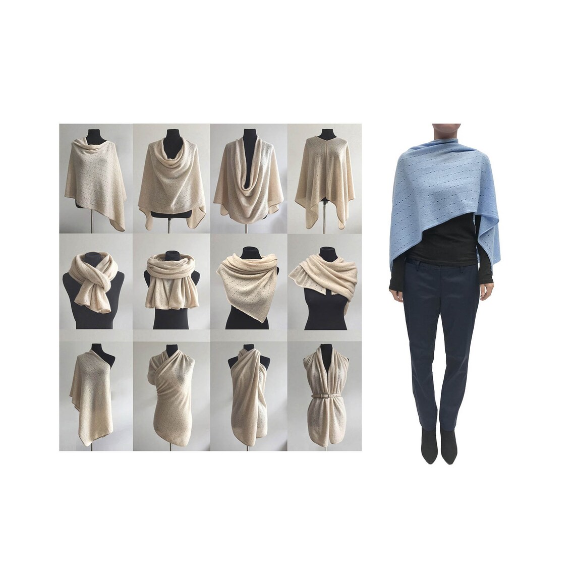 Powder Blue Cashmere Poncho Scarf Shawl Lightweight Lacy Multiwear Cape ...