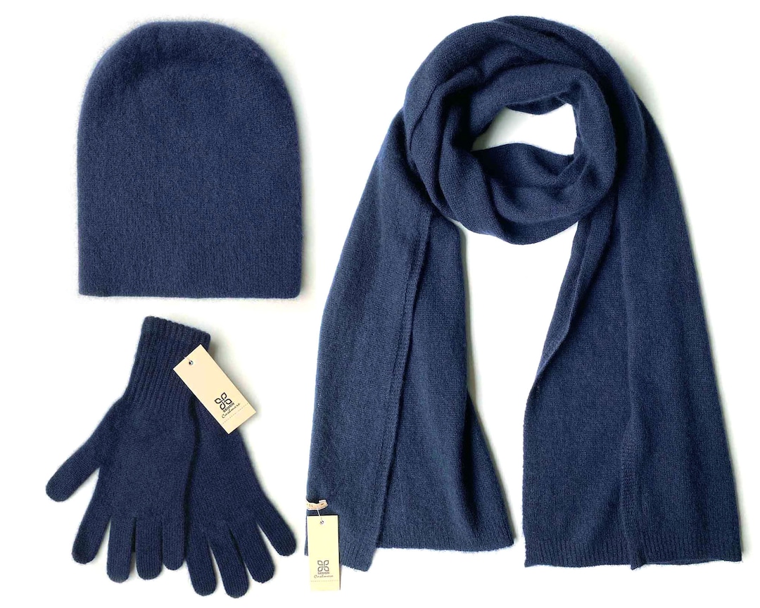 Knit Hat Scarf Gloves Set in NAVY, Cashmere Beanie Hat and Scarf for ...