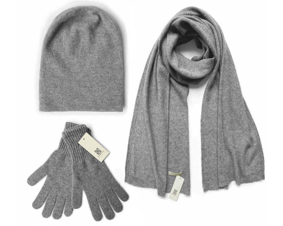 Knit Hat Scarf Gloves Set in Mid Grey, Cashmere Beanie Hat and Scarf ...
