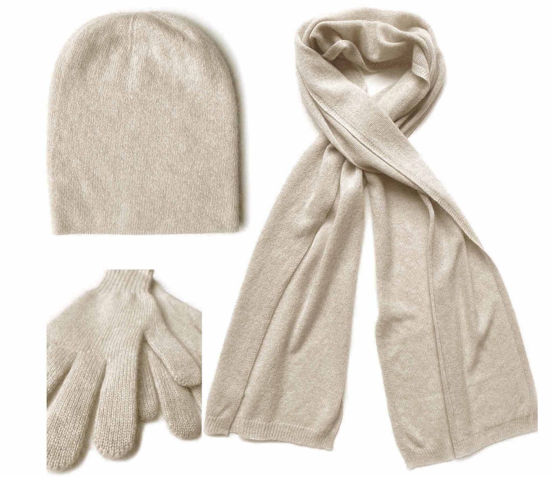 Knit Hat Scarf Gloves Set in Beige, Cashmere Beanie Hat and Scarf for ...
