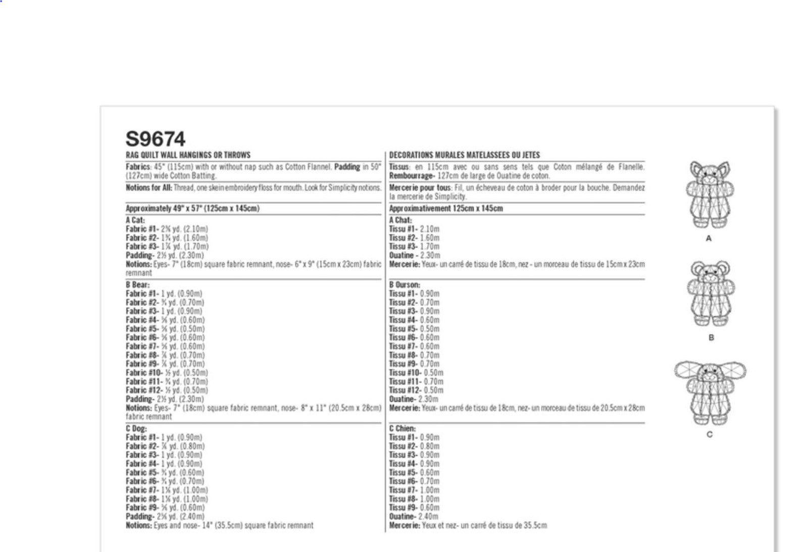 Uncut Simplicity Rag Quilt Pattern S9674 Dog, Bear, Cat Patterns | 2004 ...