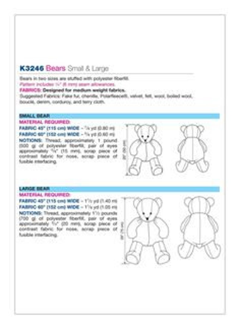Simplicity Sewing Pattern S9307 R10831 Plush Bears in Two Sizes - Etsy