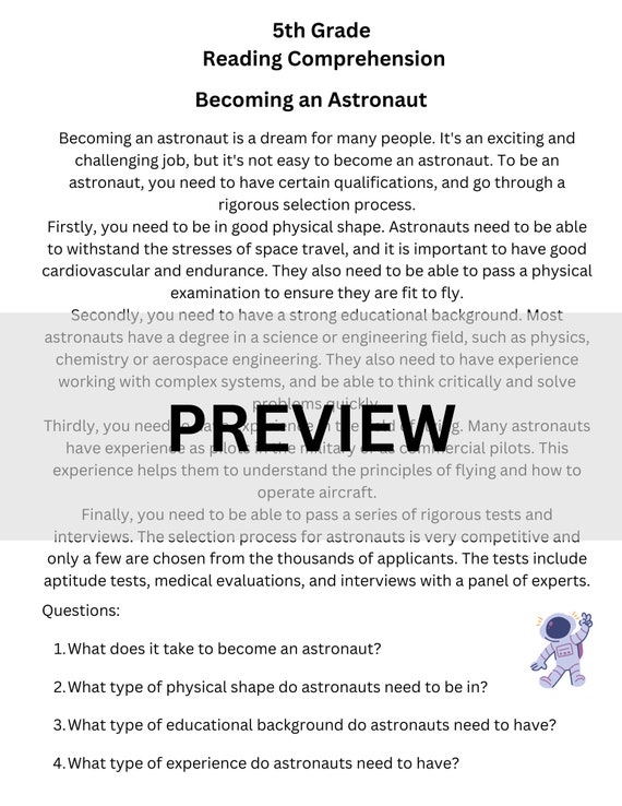 Astronaut Reading Comprehension Worksheets