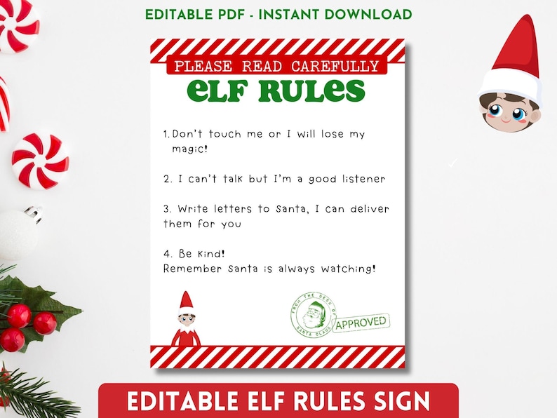 EDITABLE Elf Rules to Follow Santa Elf Arrival Rules Sign Elf No ...