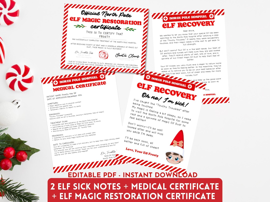 BUNDLE EDITABLE Elf Sick Notice Printable Elf Medical Certificate Elf ...