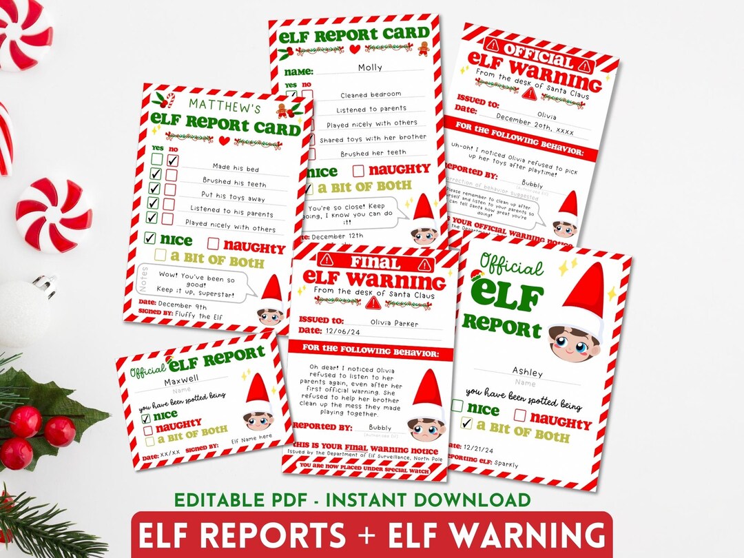 BUNDLE 6 EDITABLE Elf Report Cards + Elf Warning Notice PRINTABLE Christmas Elf Report Card ...