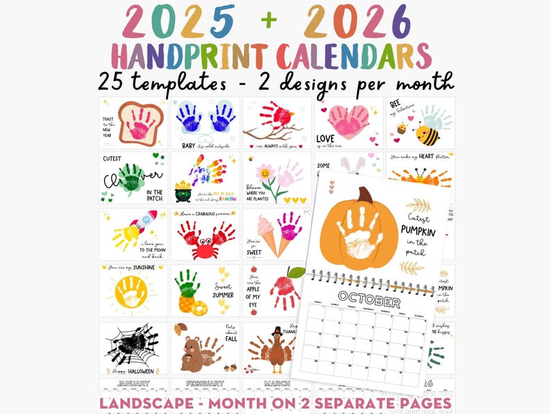 BUNDLE 2025 2026 Handprint Calendar on 2 Pages Landscape, Printable ...