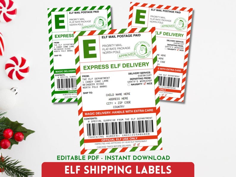 3 Printable Editable Elf Express Delivery Labels, Elf Shipping Label ...