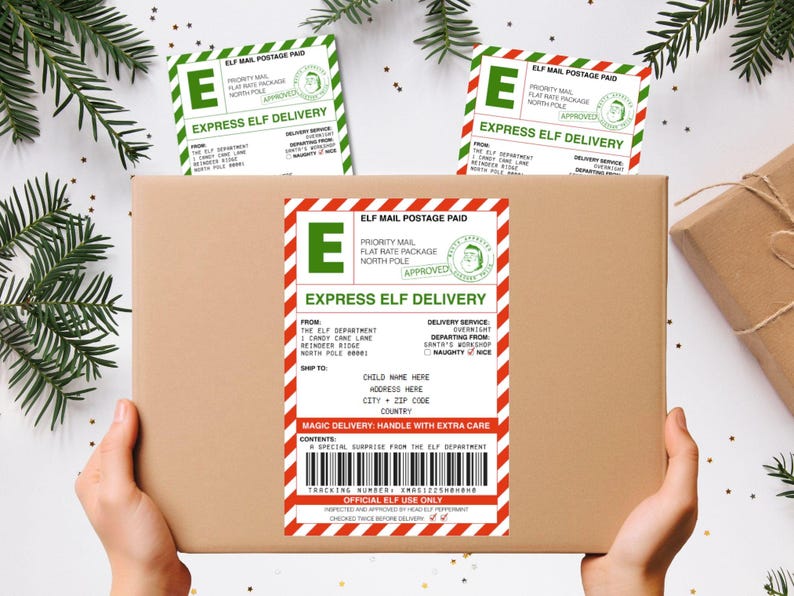 3 Printable Editable Elf Express Delivery Labels, Elf Shipping Label ...