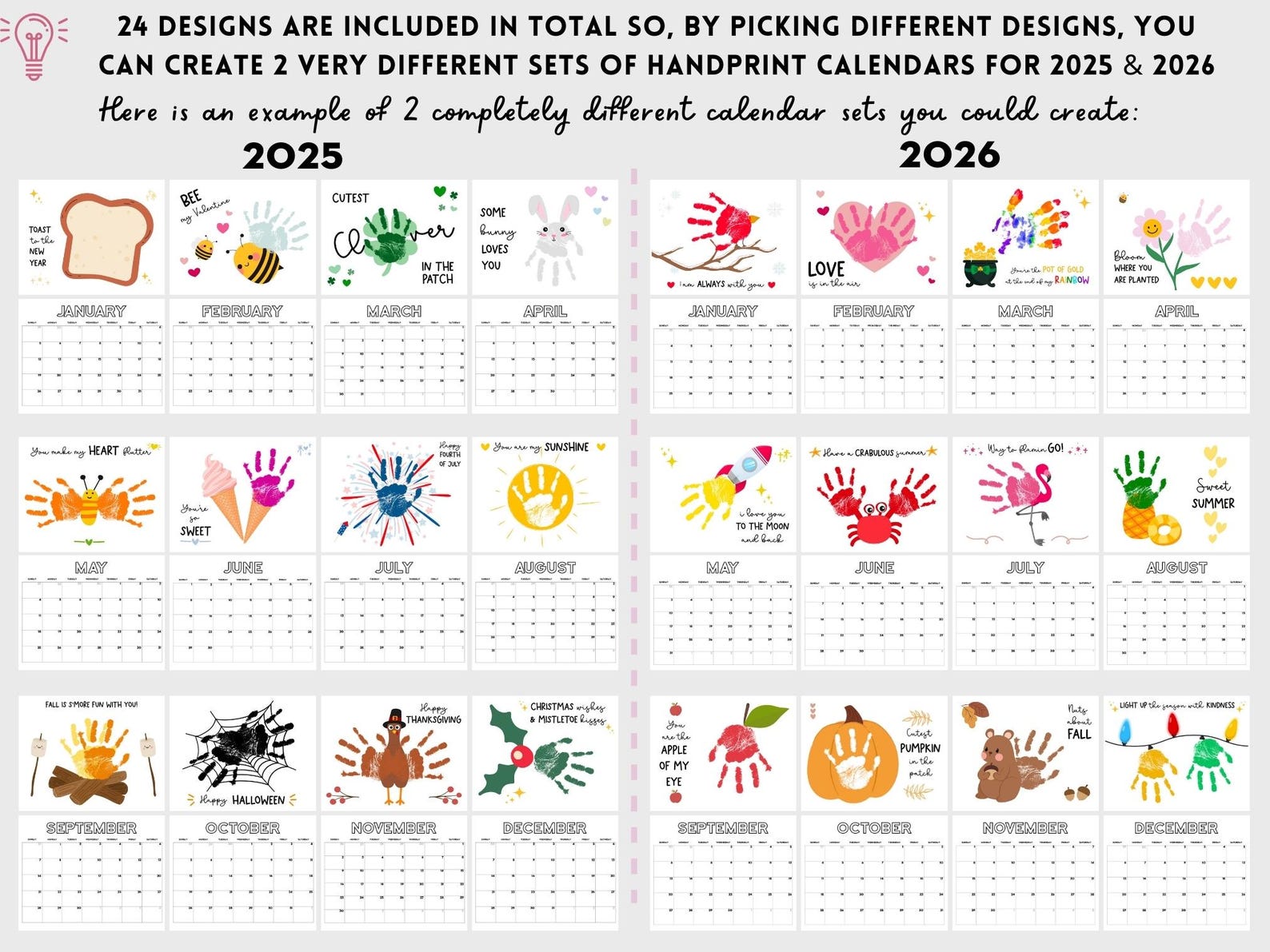 BUNDLE 2025 2026 Handprint Calendar on 2 Pages Landscape, Printable ...