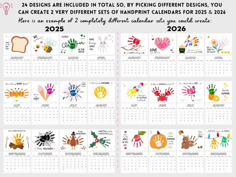 BUNDLE 2025 2026 Handprint Calendar on 2 Pages Landscape, Printable ...