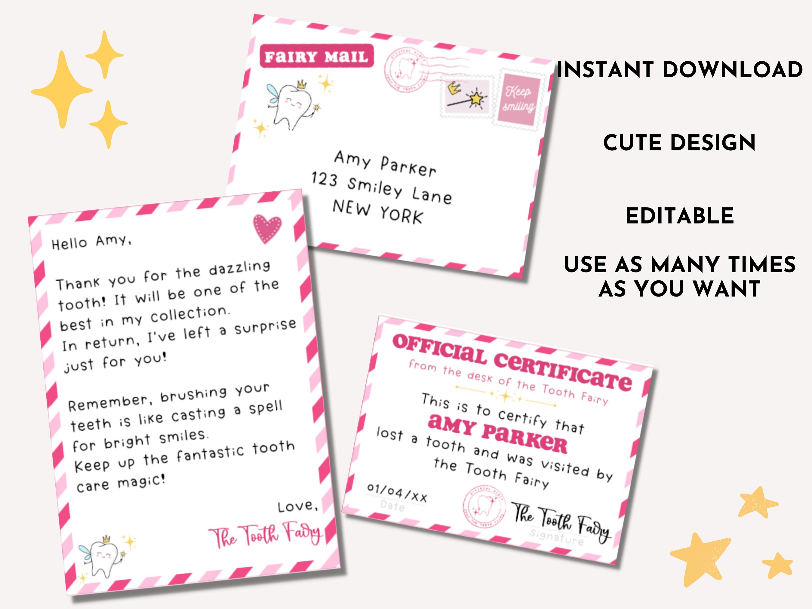 Editable Printable Mini Tooth Fairy Set Pink With Envelope, Letter From ...