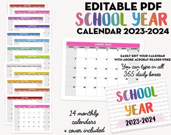 2023-2024 School Year Calendar Printable, Editable Kids Calendar, 12 ...