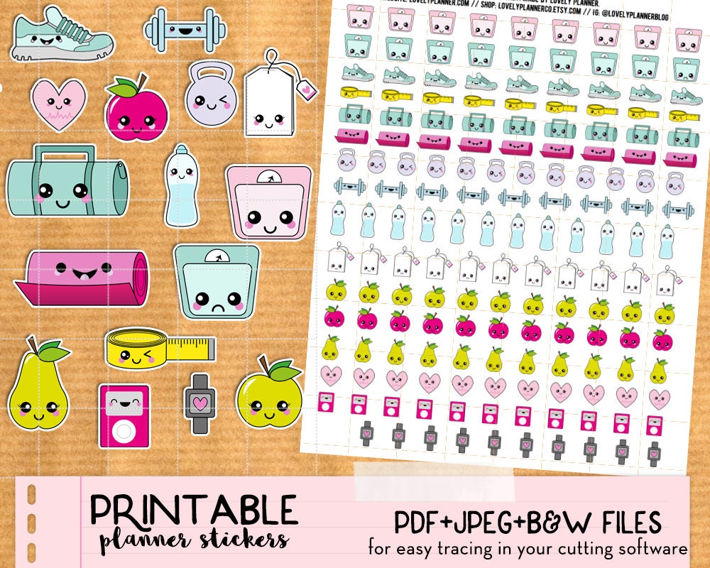 Kawaii Diet Fitness Workout Scale Stickers Set Printable Planner ...
